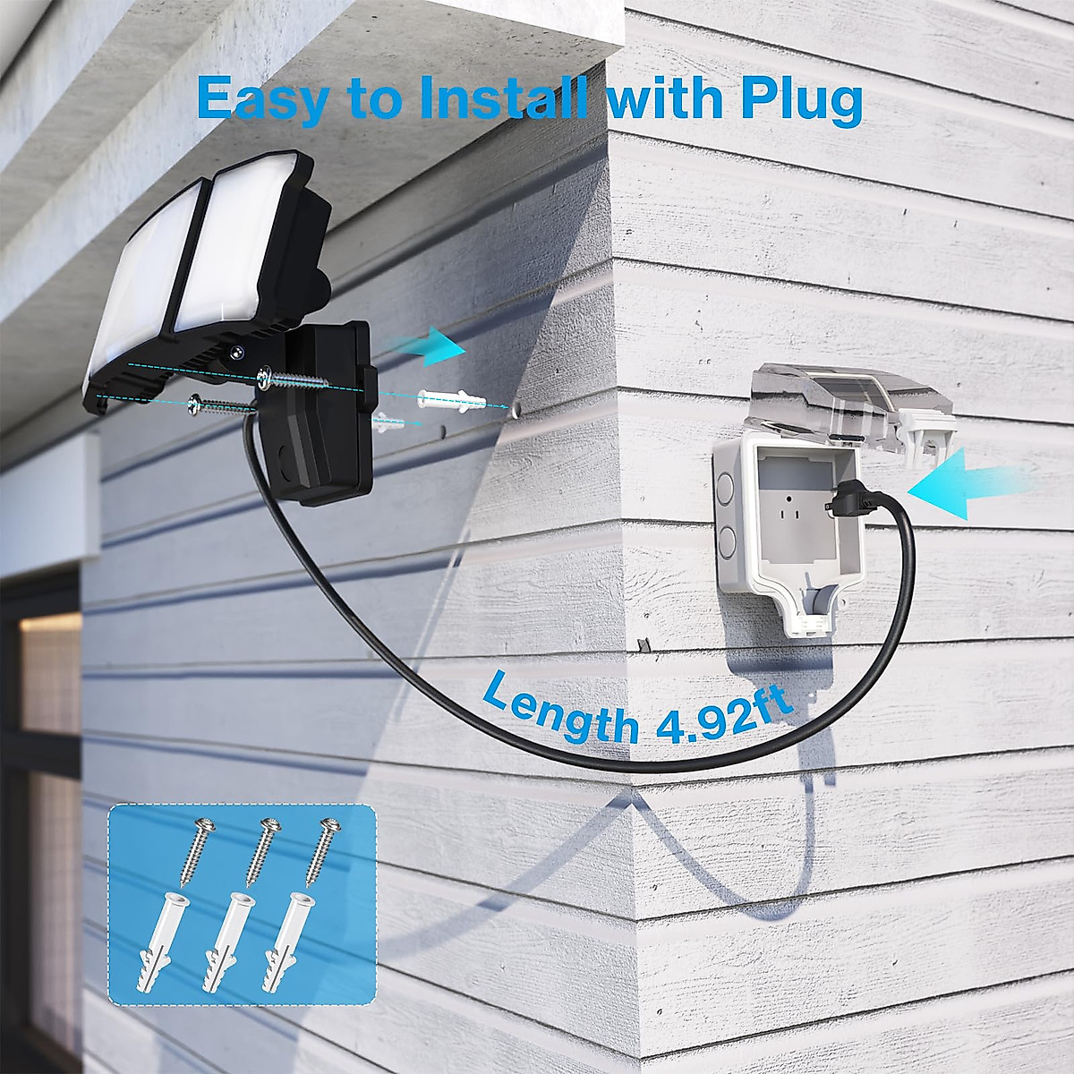 Olafus 60W Flood Lights Outdoor Plug in, Switch Controlled 6000LM LED Security Light, 6500K Outside Floodlights, IP65 Waterproof Exterior Flood Light Fixture for House Backyard Garage Patio Black