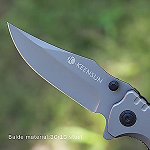 KEENSUN Pocket Folding Knife with Glass Breaker and Belt Cutter–Tactical Knife, Hunting Knife, Flipper Knife,EDC Knife.Thumb stud Assisted Opening Knifes with Liner Lock and Pocket clip.Good for Camping, Hiking, Indoor and Outdoor Activities.