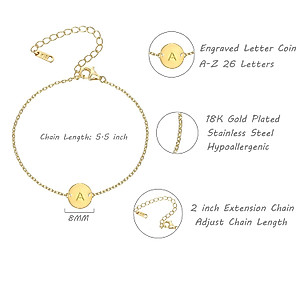 Ovian Initial Charm Bracelet for Women 18K Gold Plated stainless steel Coin Disc Engraved Letter C Bracelet Personalized Monogram Name Bracelet