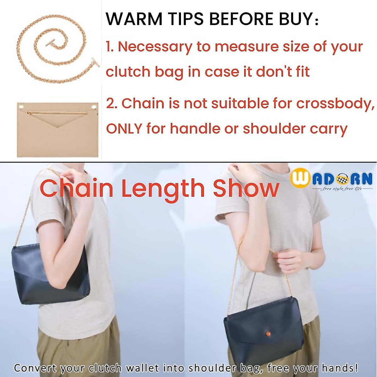 WADORN 1 Set Purse Organizer Insert Conversion Kit with Gold Chain, 8.62x6.1 Inch Felt Handbag Organizer Insert 24 Inch Chain Inner Pocket Liner Clutches Envelope Bag Handbag Convert Accessory, Beige