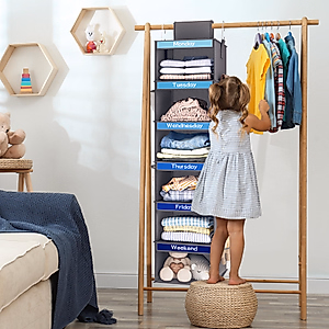 Fixwal 2 Pack 6-Shelf Weekly Clothes Organizer for Kids, Kids Daily Shelf Hanging Closet Organizer with 6 Side Pockets, Days of The Week Hanging Storage Shelves (Dark Grey)