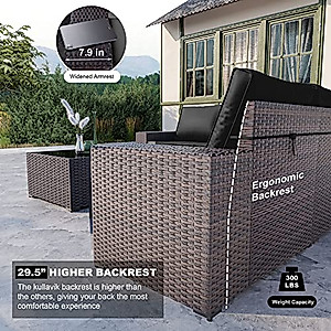 Kullavik Outdoor Patio Furniture Set 6 Pieces Sectional Rattan Sofa Set Brown PE Rattan Wicker Patio Conversation Set with 5 Seat Cushions and 1 Tempered Glass Table