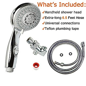 HauSun Handheld Shower Head with On/Off Switch - 5 Spray Settings 6.5 Feet Extra Long Hose High Pressure with Bathroom Faucet Kit - Universal Adapter Holder Mount for Wall,Chrome Finish