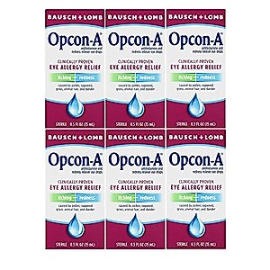 Bausch and Lomb Opcon-A Eye Allergy Relief Drops, Travel Size 0.5 FL OZ (15 ml) - Pack of 6