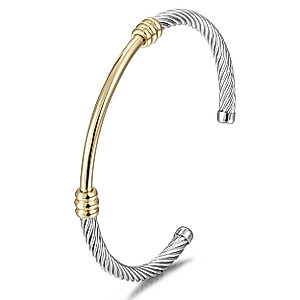CIUNOFOR Bracelet for Women and Men Silver Gold Rose Gold Cable Inspired Antique Stainless Steel Twisted Cuff Bangle Adult Jewelry (Gold)