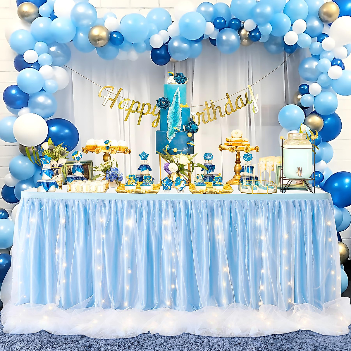 leegleri Baby Blue Tulle Table Skirt for Baby Shower,6FT Blue Ruffle Tutu Table Skirt with LED Light for Elephant Birthday Party Ocean Baby Shark Gender Reveal Cake Table Decorations