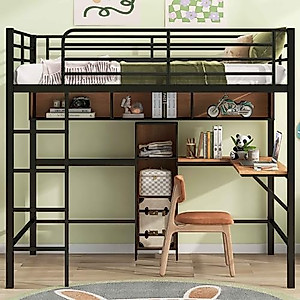 ATY Full Size Loft Bed with Wooden L-Shaped Desk and Small Storage Cabinet, Sturdy Metal Bedframe w/Shelves & Ladder, Save Space Design, for Kids Bedroom, Drom, No Spring Need Required, Black