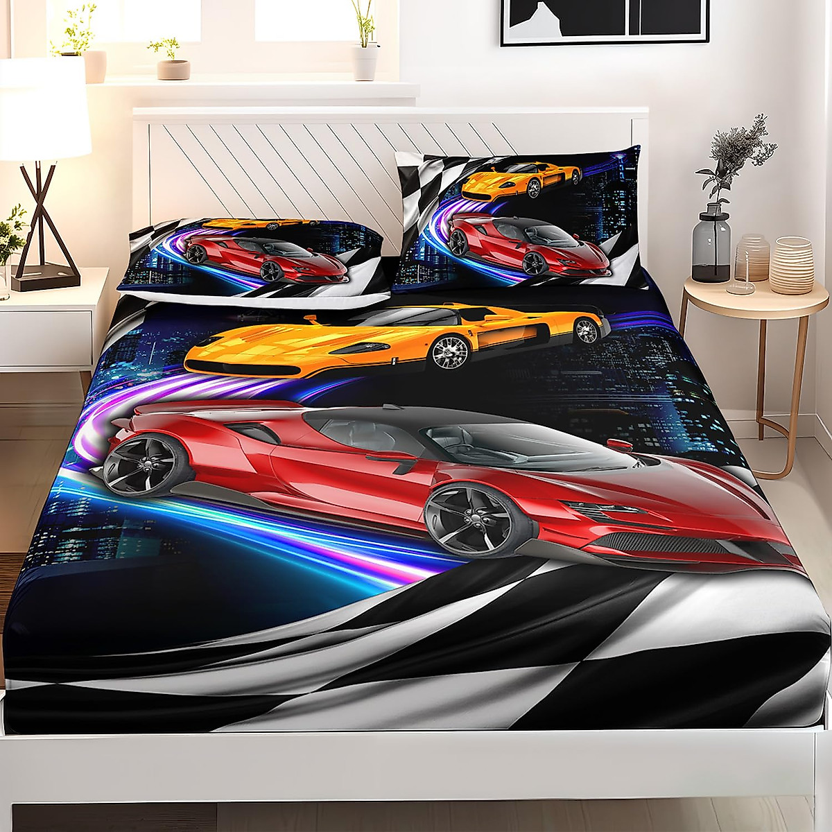 AILONEN Racing Car Fitted Sheet Set Twin XL Size,Black and White Grid Bed Sheet Set for Kids Boys Teen,3 Pieces Extreme Games Race Car Sheet Set for Room,1 Fitted Sheet with 2 Pillowcases