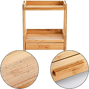 Lyellfe 2 Tier Bamboo Makeup Organizer, Bathroom Counter Organizer with Drawer, Multi-purpose Cosmetic Perfume Display Stand for Skincare, Lipstick, Jewelry, Brush, Easy Assembly