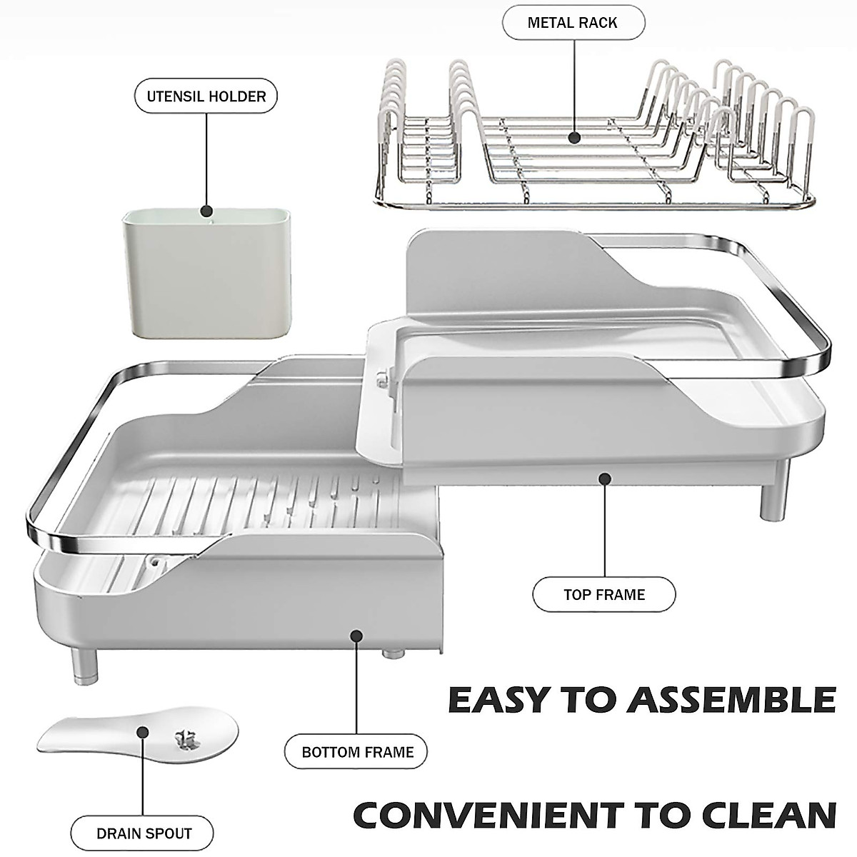 Dish Drying Rack, Stainless Steel Dish Rack and Drainaboard Set, Expandable(11.5"-19.3") Sink Dish Drainer with Cup Holder Utensil Holder for Kitchen Counter