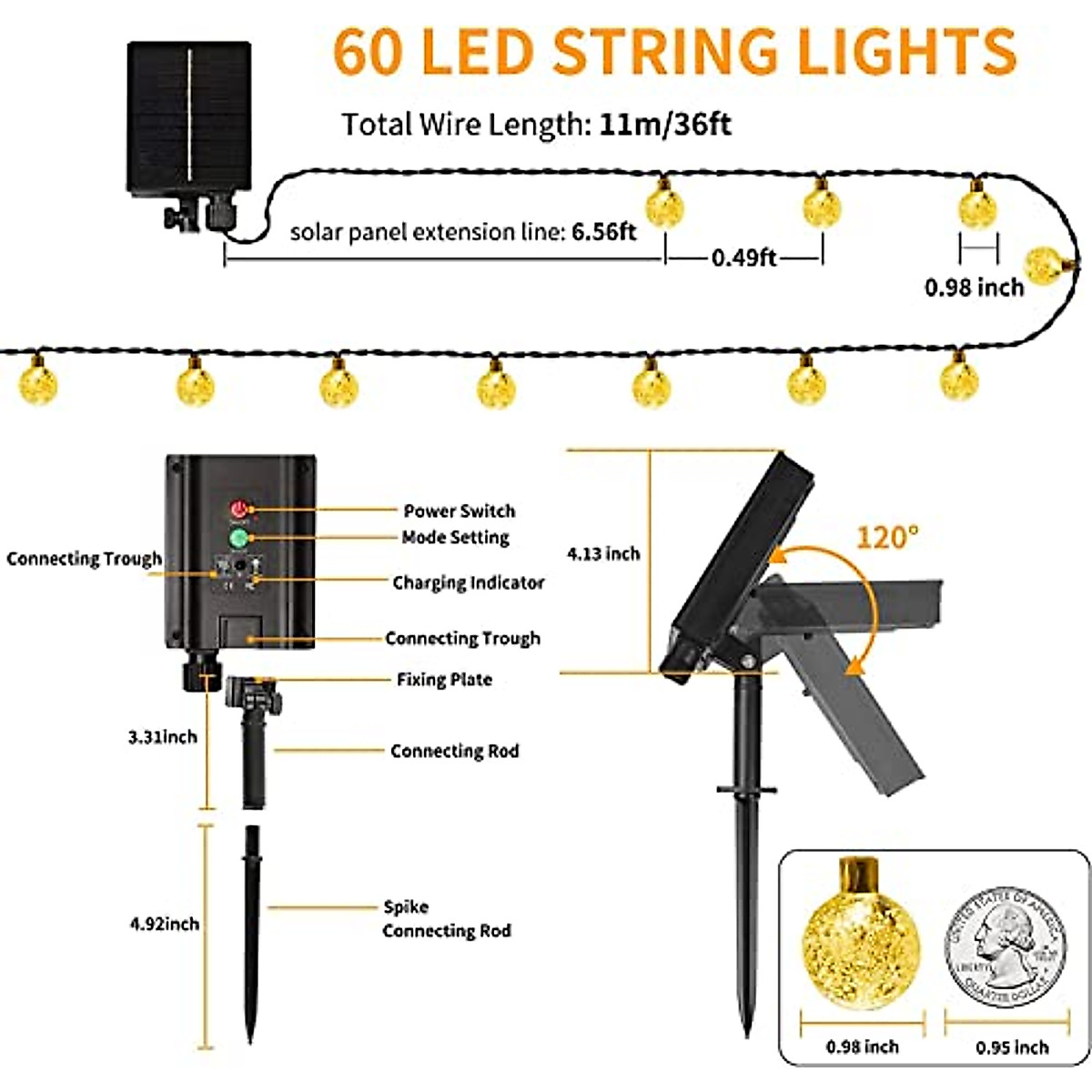 Solar String Lights Outdoor, 60 LED 36ft Crystal Globe Lights With Remote, 8 Modes Waterproof Solar Powered Patio Lights for Weeding, Garden, Lawn, Porch, Yard, Party, Xmas, Home Decor (Warm White)