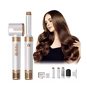 Hot Air Hair Dryer Brush, 7 in 1 Hot Air Brush Styler Dryer and Volumizer Hair dryer Left & Right Curling Barrel/Straightener/Wind hood/Concentrator/Curling Comb Hair Brush Blow Dryer for Women, White
