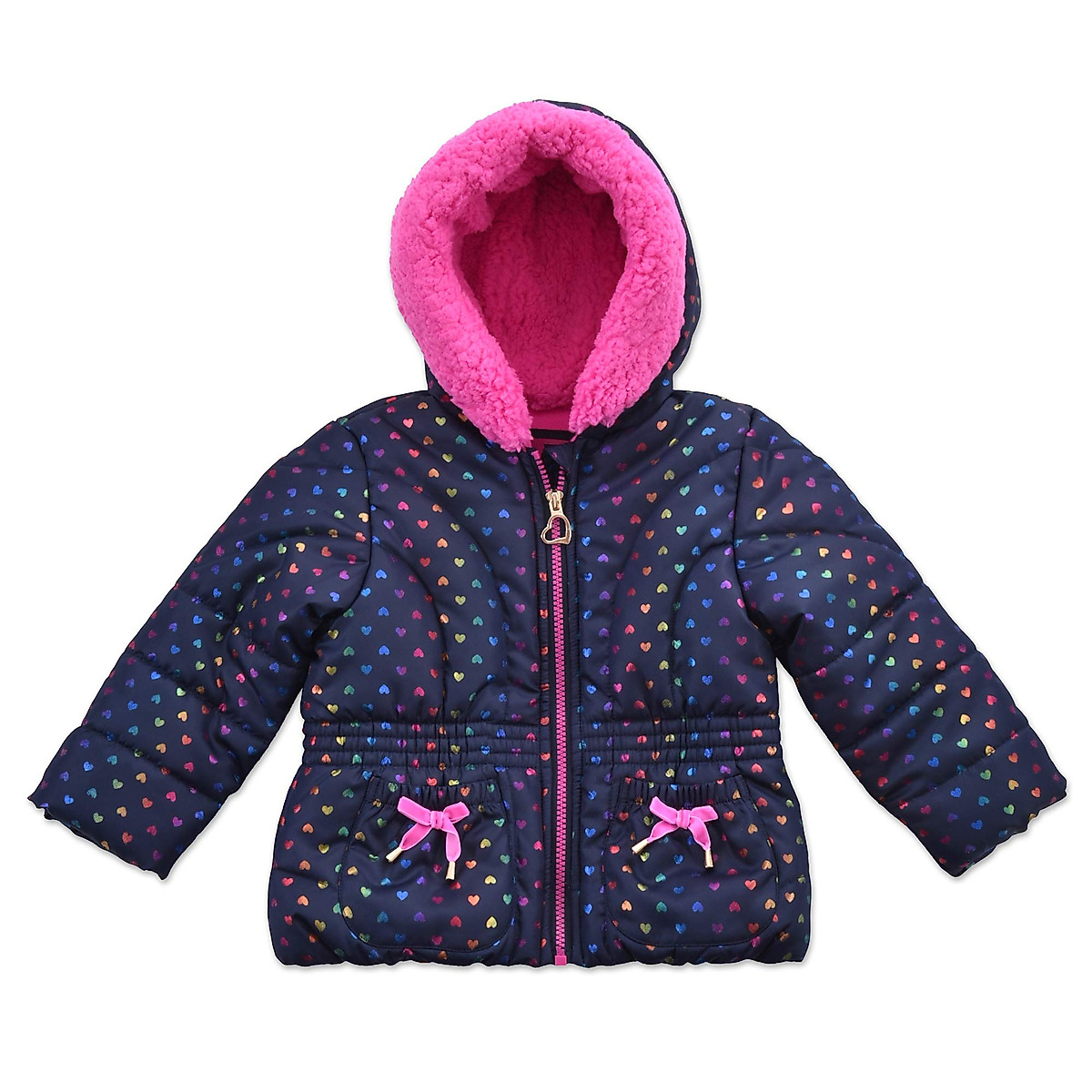 Arctic Quest Toddler Girls Metallic Rainbow Heart Print Snowsuit Fleece Lined Hooded Jacket and Bib Set, Navy Blue & Pink, 5/6