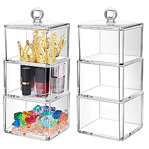 Hair Accessories Organizer for Girls, Stackable Hair Organizer Storage with Lids Acrylic Clear Hair Tie Organizer Bathroom Hair Bow Containers for Girls Headband Scrunchie Makeup Organizing (6 Pieces)