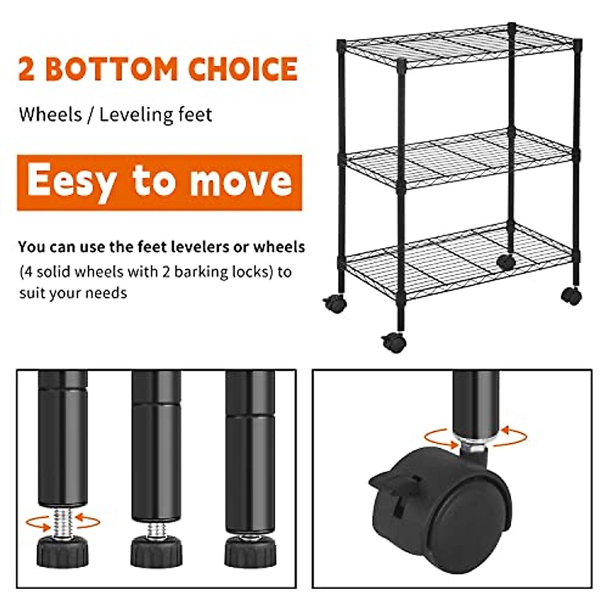 YRLLENSDAN 3 Tier Shelf, Small Closet Shelving Adjustable Shelving Unit Kitchen Storage Shelves with Wheels, Heavy Duty Steel Organizer Wire Rack, Black (32" H x 23" W x 13" D)