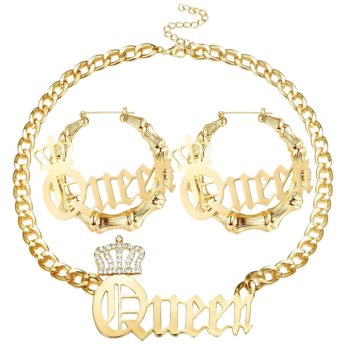 SAILIMUE Queen Pendant Curb Chain Necklace with Oversize Statement 90s Bamboo Hoop Earring Set for Women Gold Plated Color Punk Style Hip Hop Rapper