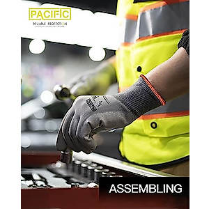PACIFIC PPE Work Gloves for Men and Women, Touchscreen Working Gloves, 12 Pairs Bulk Pack Mechanic Gloves, PU Coated, Mens Gardening Gloves, Lightweight, Grey, Large