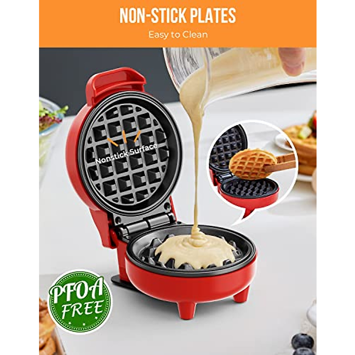 Mini Waffle Maker, Small Waffles Iron Keto Chaffles Single Compact Design Nonstick, Breakfast, Snacks, Hash Browns, 4 Inch Red 550W BLAZANT