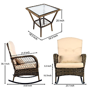 IBITION 3-Piece Outdoor Rocking Chairs Set of 2， Wicker Patio Furniture Modern Rattan Chair Conversation with Cushions & Glass Table for Garden,Backyard, Bistro(Khaki)