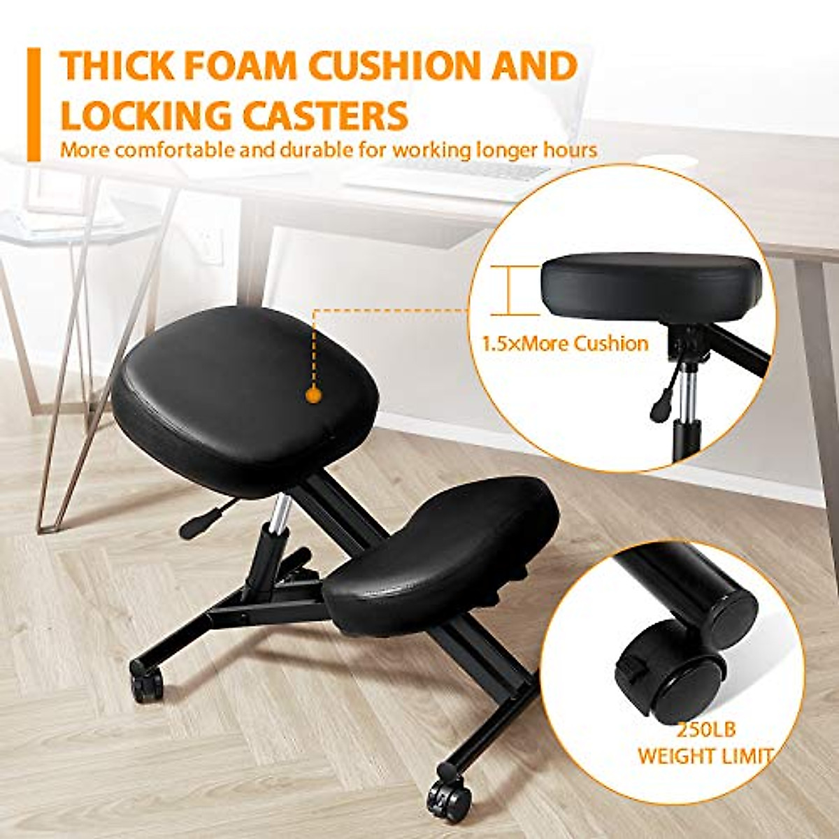 Ergonomic Kneeling Chair, Height Adjustable Stool with Thick Foam Cushions and Smooth Gliding Casters for Home and Office - Improve Posture to Relieve Neck & Back Pain, Angled Knee Stool