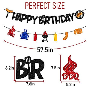 BBQ Happy Birthday Banner for Barbecue Picnic Sauce Grill Sausage Fork Fire Camping Theme Bday Party Supplies Black Glitter Decorations