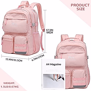 El-fmly Big School Backpack Bookbag for Teen Students, Multi Pockets Water Resistant Casual Daypack with 15.6 inch Laptop pocket for Travel (Pink)