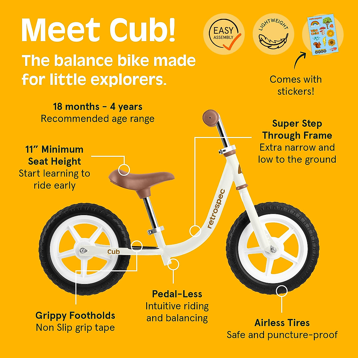 Cub Toddler 12" Balance Bike, 18 Months - 5 Years Old, No Pedal Beginner Kids Bicycle For Girls & Boys, Flat-Free Tires, Adjustable Seat, & Durable Frame