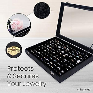 Ring Organizer Box with Transparent Lid ~ Ring Holder Showcase for Store Display, Jewelry Show & Home ~ Jewelry Tray Organizer for Rings, Studs & Earrings (Black)