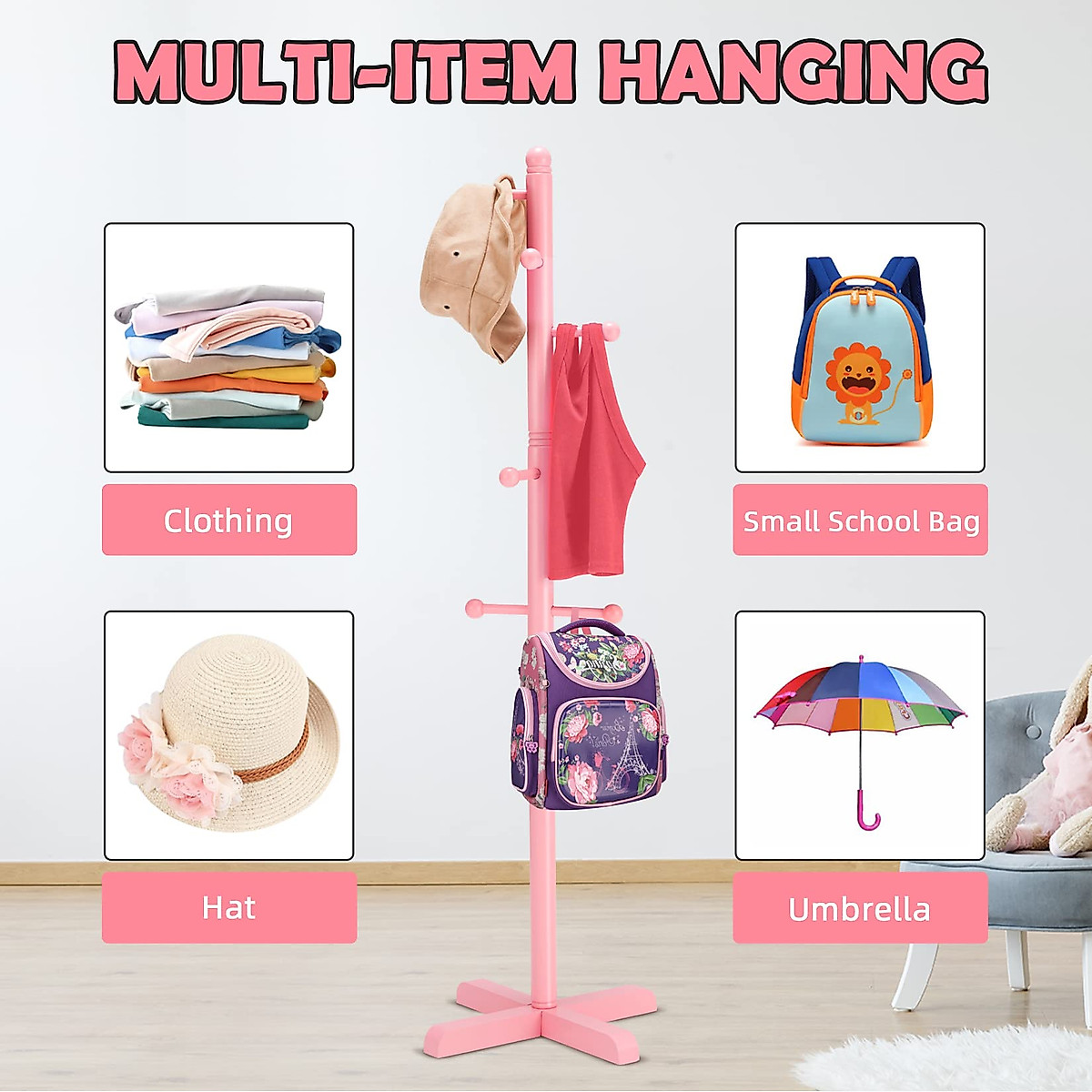 Azaeahom Cross Coat Rack Freestanding Clothing Hanger Home Racks, Wooden Coat Tree Stand with 8 Hooks 2 Adjustable Height, Easy Assembly in Entryway, Room for Hat, Umbrella etc (Pink)