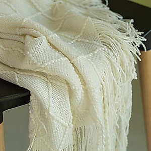 Decorative Diamond Pattern Knit Throw Blanket with Fringe, White