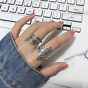 Dtja Filigree Vintage Statement Ring for Women Oxidized Boho Expandable Adjustable Totem Flower Leaves Open Wide Wrap Finger Rings Comfort Fit Bohemian Jewelry
