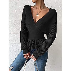 SweatyRocks Women's Deep V Neck Rib Knit Wrap Top Long Sleeve Ruffle Hem Peplum Sweater Black M