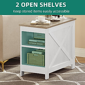 YITAHOME End Table with Charging Station, Narrow Side Table with Storage Shelf, Farmhouse Nightstand with Storage for Small Spaces, Living Room, Bedroom, Grey Wash