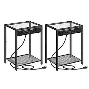 HOOBRO Side Table with Charging Station, Set of 2 End Tables with USB Ports, Nightstand for Tight Spaces, Tempered Glass, Modern Metal Frame, for Office, Bedroom, Living Room, Black BK76UBZP201