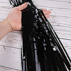 2pcs 3.2ft x 8.2ft Shiny Black Metallic Tinsel Foil Fringe Curtain Photo Booth Backdrop Props for Birthday Wedding Bridal Shower Baby Shower Celebration Bachelorette Party Decorations (Black)
