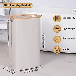 iEGrow 60L Slim Laundry Hamper With Lid, Foldable Clothes Basket with Bamboo Handles and Removable Inner Bag, Light Grey
