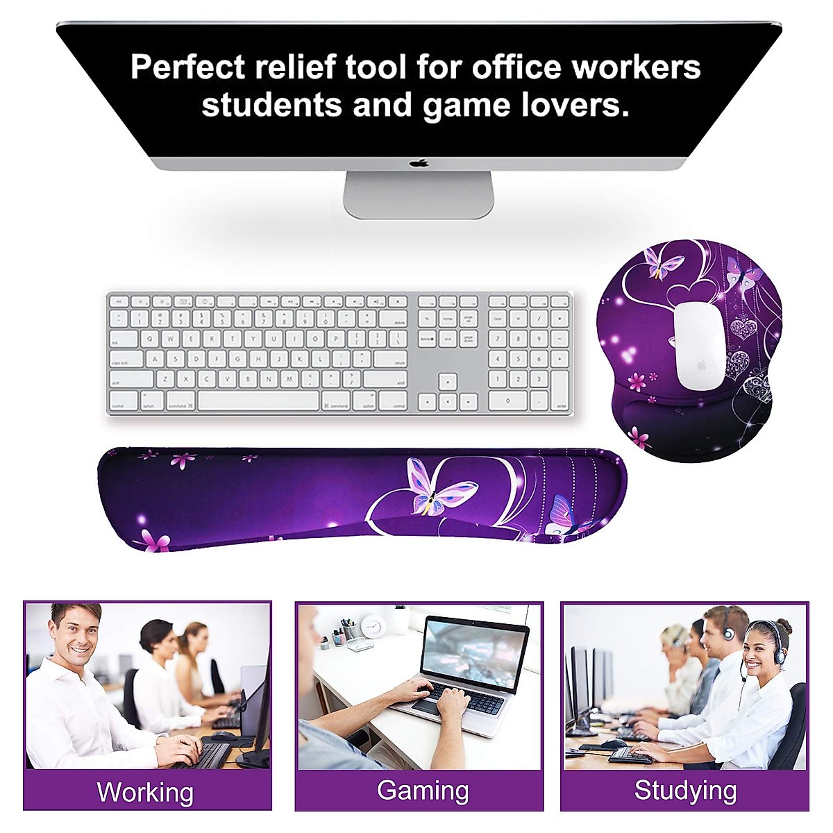 ArtSo Upgraded Wrist Rest Support for Mouse Pad & Keyboard, Ergonomic Gel Mousepad Non-Slip Rubber Base Home,Office Pain Relief, Easy Typing Cushion Neoprene, Soft Memory Foam, Purple Heart Butterfly