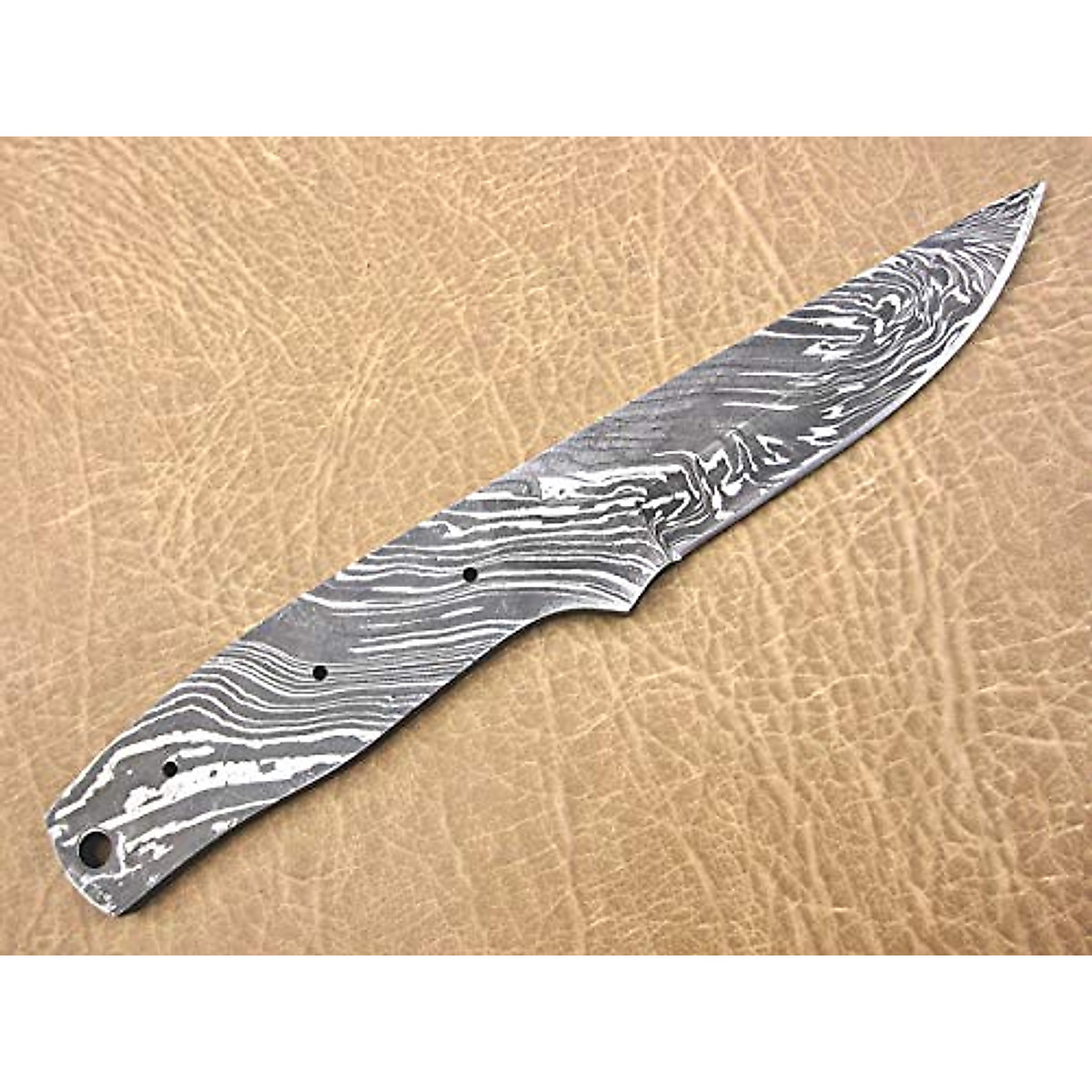 8.25 inchesstraight back Damascus Steel Blank Blade Skinning Knife with 3 Pin Hole & an Inserting Hole Space, 4 inches Cutting Edge, Hand forged Twist Pattern