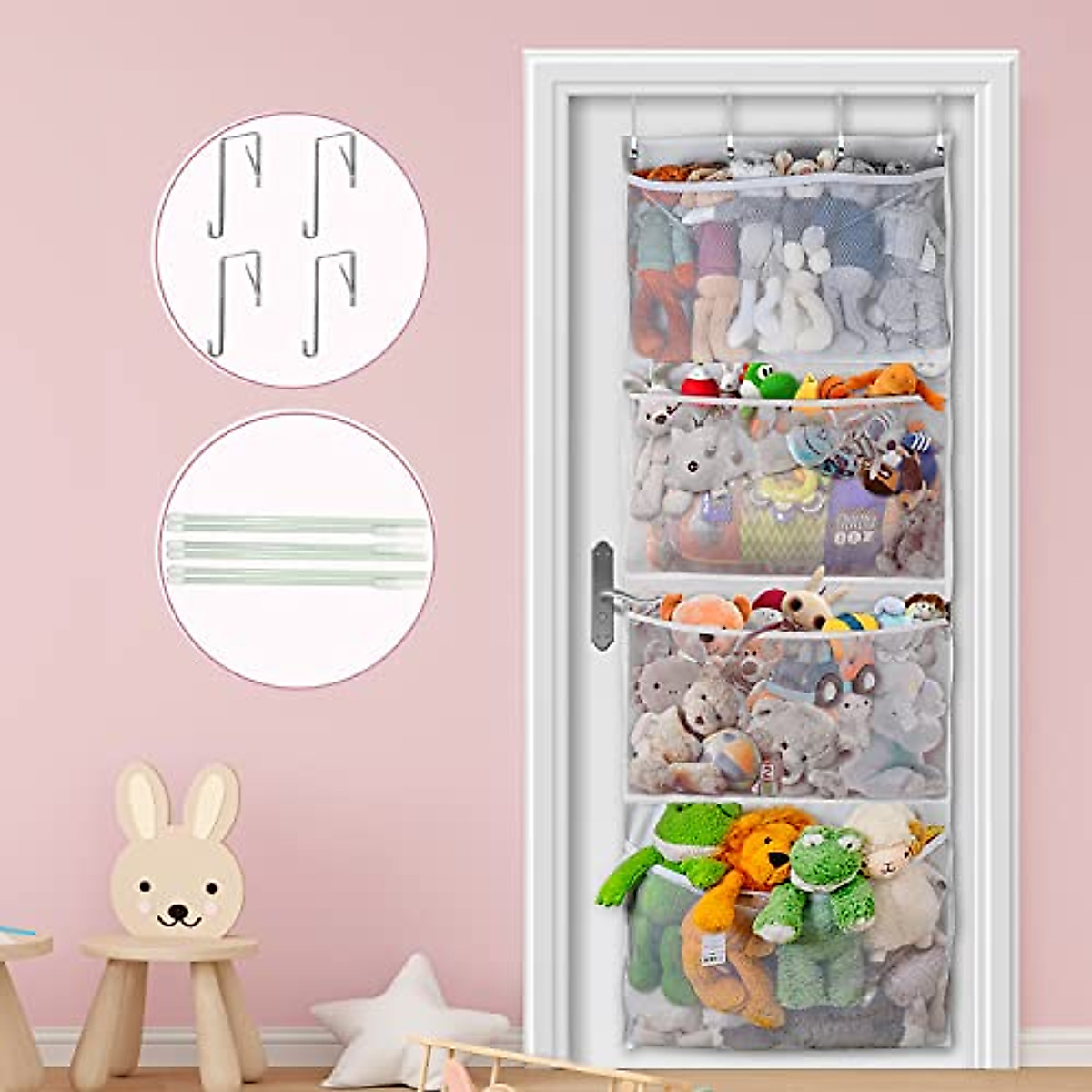 DBEES Stuffed Animal Storage, Large Capacity Over Door Stuffed Animal Organizer, 4 Expandable Mesh Net Pockets Breathable Hanging Plush toy storage, for Boys, Girls, Organizing Nursery, Bedroom