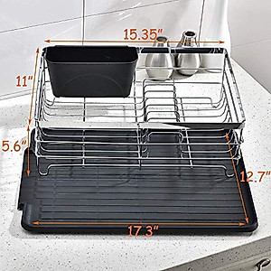 Popity home Dish Drying Rack, Sturdy Kitchen Sink Side Draining Kitchen Counter Top Chrome Dish Drying Rack,Dish Rack and Drainboard Set with Black Utensil Holder