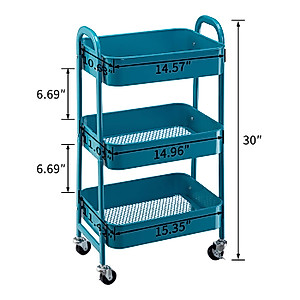 AGTEK Makeup Cart, Movable Rolling Organizer Cart, 3 Tier Metal Utility Cart, Peacock Blue Storage Cart
