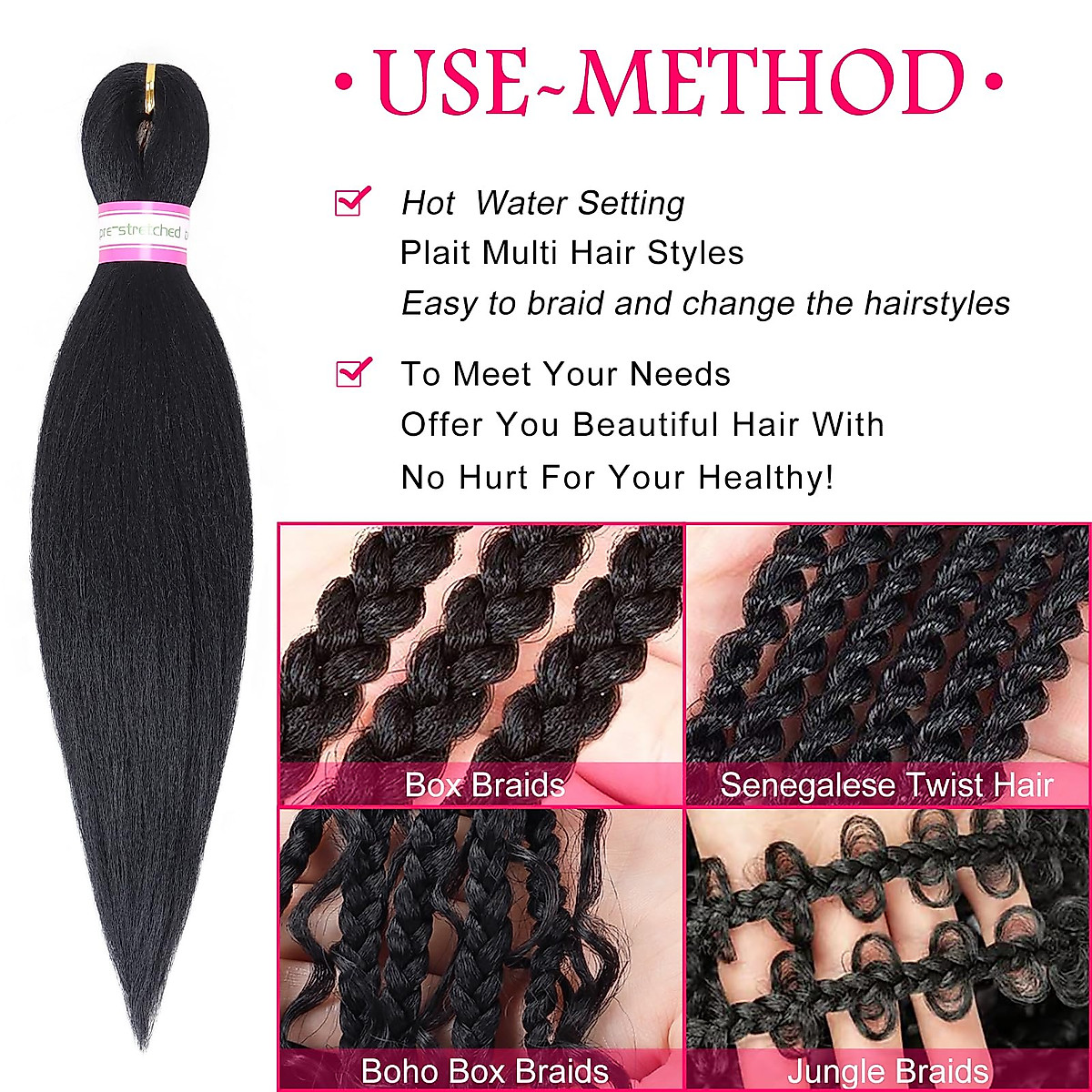 Pre-Stretched Braiding Hair Extensions Black-12 Inch 8 Packs Synthetic Braiding Hair Crochet Braids, Natural Easy Braid Crochet Hair, Hot Water Setting Professional Soft Yaki Straight Texture (#1B)