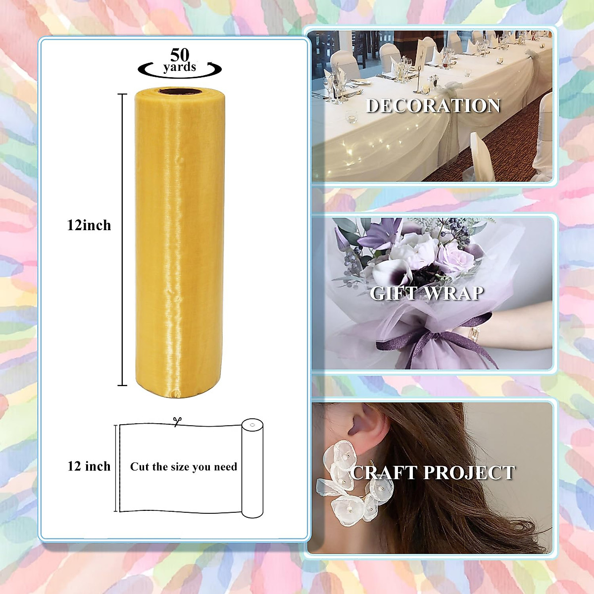 Gold Tulle Crystal Organza Fabric Rolls 12 Inch by 50 Yards (150 feet) Sheer Fabric for Christmas Decoration DIY Tutu Bow Baby Shower Birthday Party Wedding Craft Supplies
