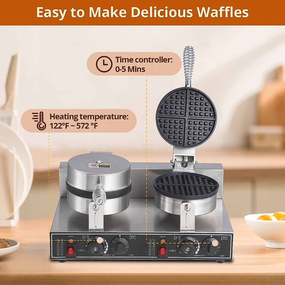 PioneerWorks Commercial Waffle Maker 2600W, Round Waffle Iron, Non-Stick Rotatable Waffle Baker Machine, Stainless Steel Round Commercial Waffle Maker for Restaurant, 50°C-300°C Temp Range, 110V