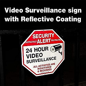 2-Pack Video Surveillance Sign, 10 x 10 Rust Free .040 Aluminum Security Warning Reflective Metal Signs, Indoor or Outdoor Use for Home Business CCTV Security Camera, UV Protected & Waterproof,Red