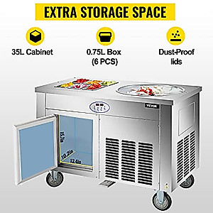 VEVOR Fried Ice Cream Roll Machine, Single Pan Commercial Ice Roll Maker, Stainless Steel Fried Ice Cream Roll Maker w/Refrigerated Cabinet & 6 Boxes, Roll Ice Cream Machine for Bar Cafe Dessert Shop