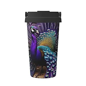 WANGXUEE Purple Peacock Print 500ml Stainless Steel Travel Tumbler Double Wall Vacuum Insulated Coffee Mug
