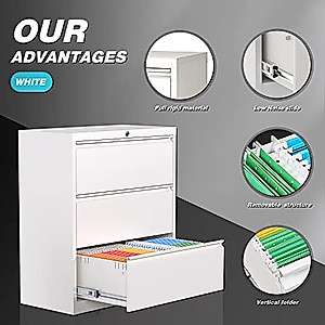 Aobabo Metal Lateral File Cabinet with Lock,Large Deep Drawer with Adjustable File Bars for Office,Home,35.43 Inches Wide for Letter/Legal A4 Size Drawer,Assembly Required (White,3 Drawer)………