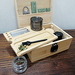 Shomory Wooden Smell Proof Stash Box with Rolling Tray Combo, Bamboo Large Locking Kit Glass Jar Paper, Secret Storage Herb Accessories
