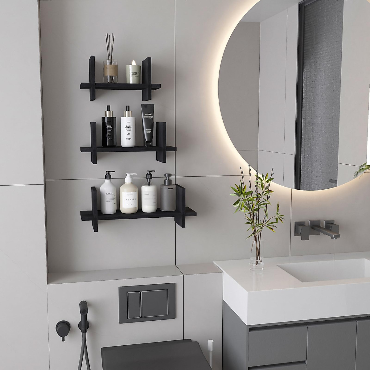 CRUGLA Black Floating Shelves Wall Mounted Set of 3, Hanging Storage Floating Book Shelf for Kitchen, Bedroom, Living Room, Study Room, Bathroom